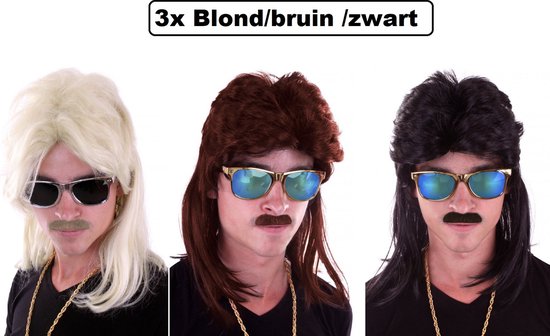 3x Pruik met matje blond-bruin-zwart - Festival Maaskantje thema feest ...