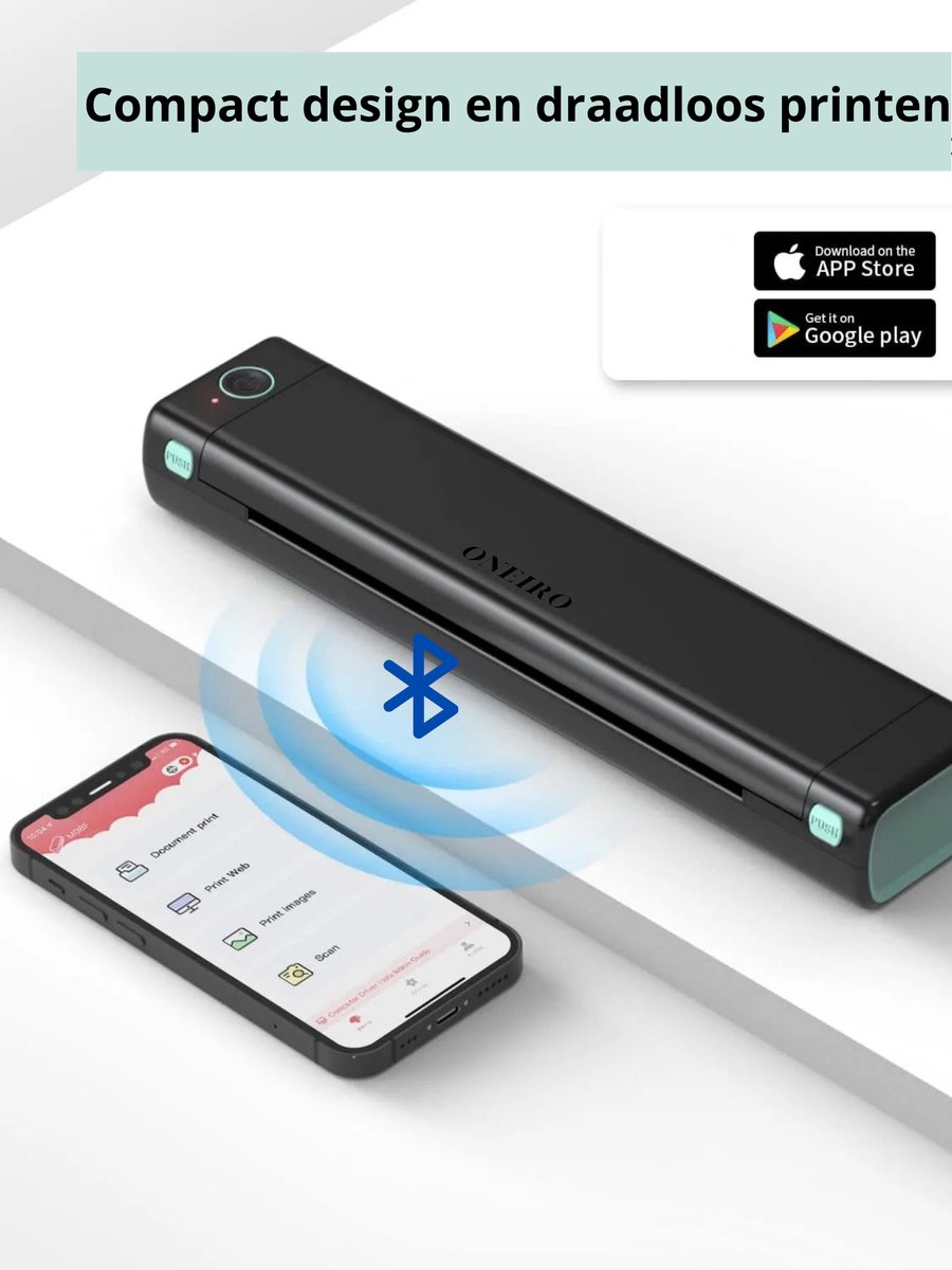 ONEIRO PRO O30F Draagbare Bluetooth printer Zwart/Mint groen - A4 ...