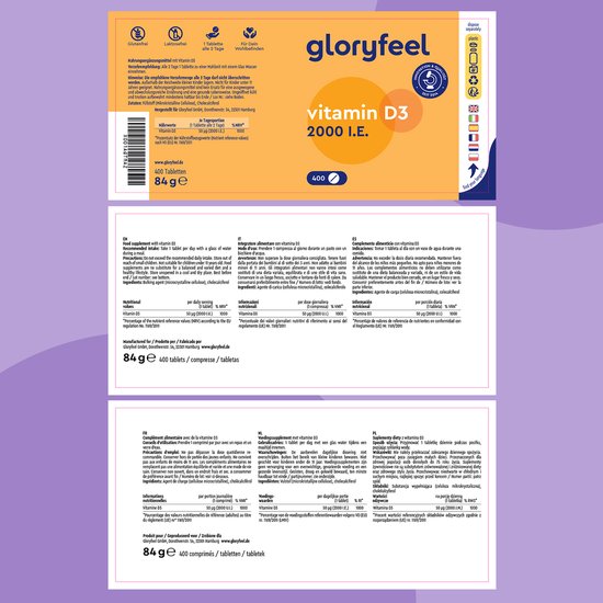 gloryfeel vitamine D tabletten - 2000 I.E. vitamine D3 - 400 tabletten ...