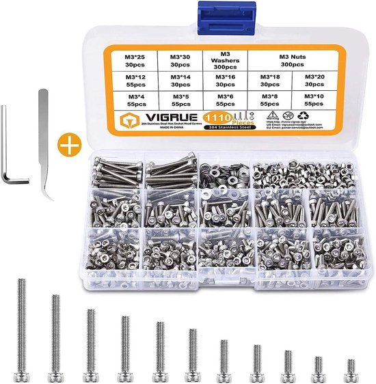 M3-schroevenset, 110 stuks, M3 zeskantschroeven, schroeven, 304 ...