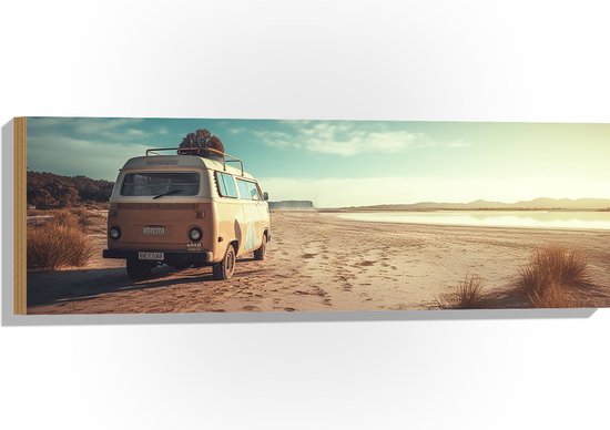 Hout - Camper op Strand - 90x30 cm - 9 mm dik - Foto op Hout (Met ...