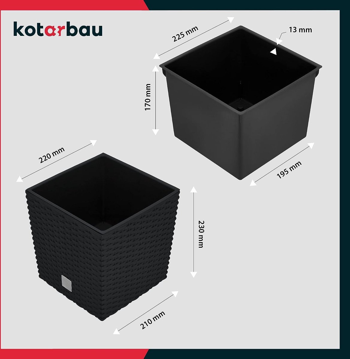 Bloempot, 233 mm, antraciet, set plantenpot met binnenpot voor het ...