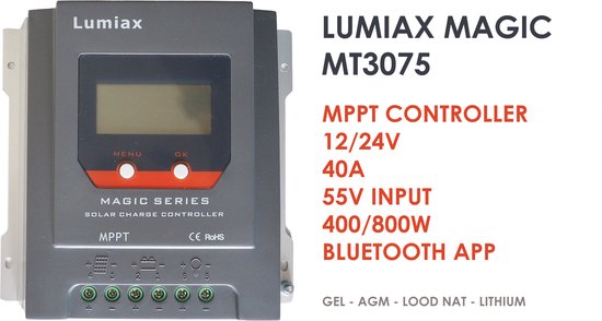 Lumiax MT3075 MPPT Solar Controller 12V/24V 55V/30A met Bluetooth app ...