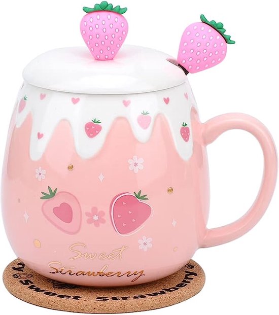 Roze mok, schattige aardbeienmok met deksel en lepel, koffiemok van ...