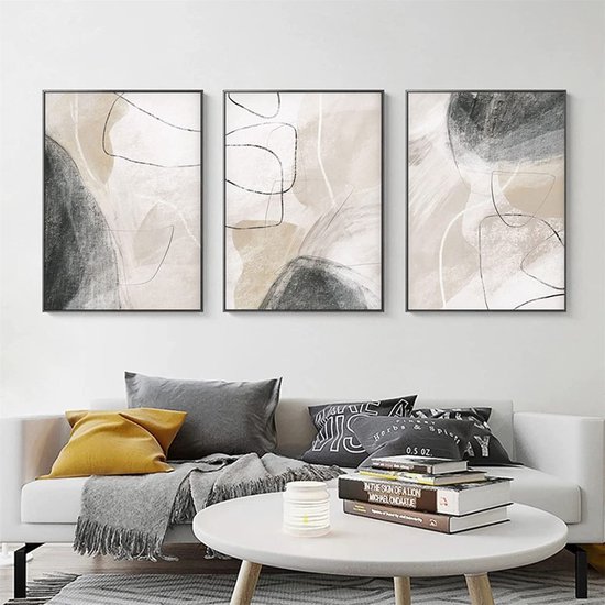 Set van 3 abstracte posterset, beige grijze aquarel muurafbeeldingen kunstposter,... | bol.com