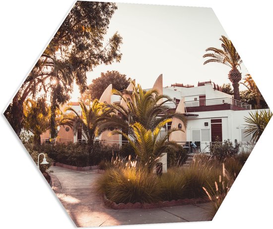 PVC Schuimplaat Hexagon - Huisjes - Vakantie - Bomen - Palmbomen ...