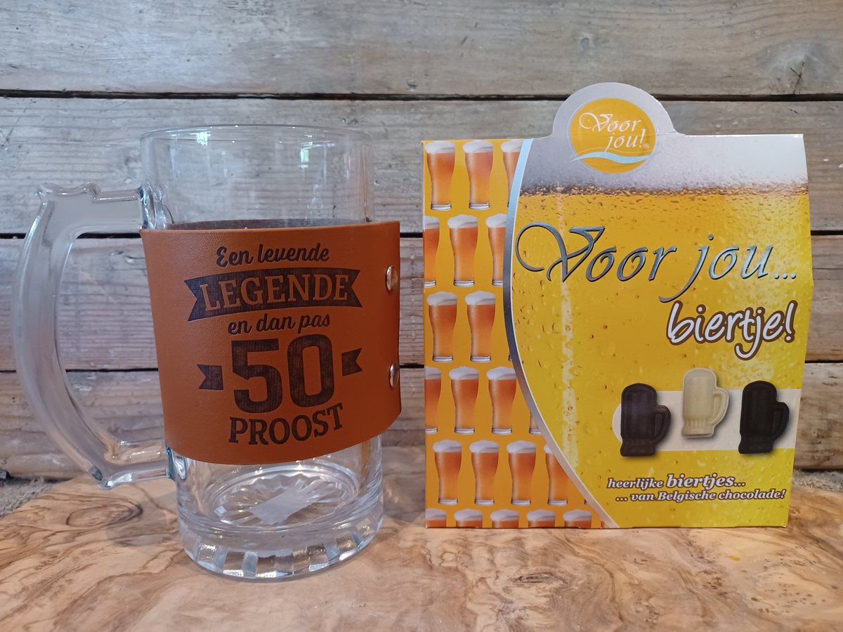 50 jaar-Bierpul-Bierglas-Leer-Sleeve-Abraham-Sara-Halve... | bol