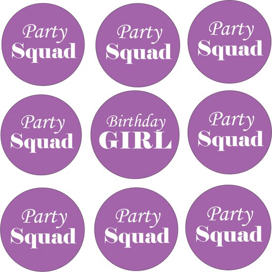 9 Buttons Birthday Girl en Party Squad paars - birthday - button ...