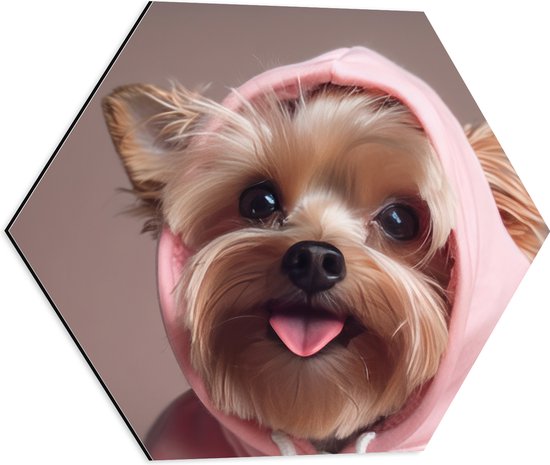 Dibond Hexagon - Lichtgekleurde Yorkisch Terrier in Roze Jasje met ...