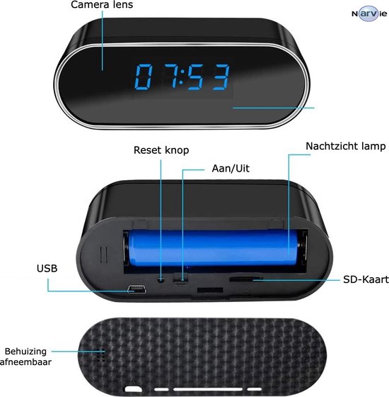 Narvie - Digitale Klok met Verborgen Camera - Wifi Klok - Spy Camera - Geluidsopname -... | bol