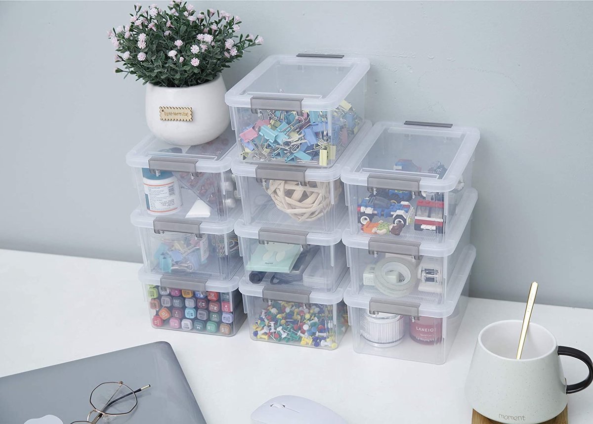 Set van 10 kleine opbergdozen met deksel, stapelbare handgreep, clips ...