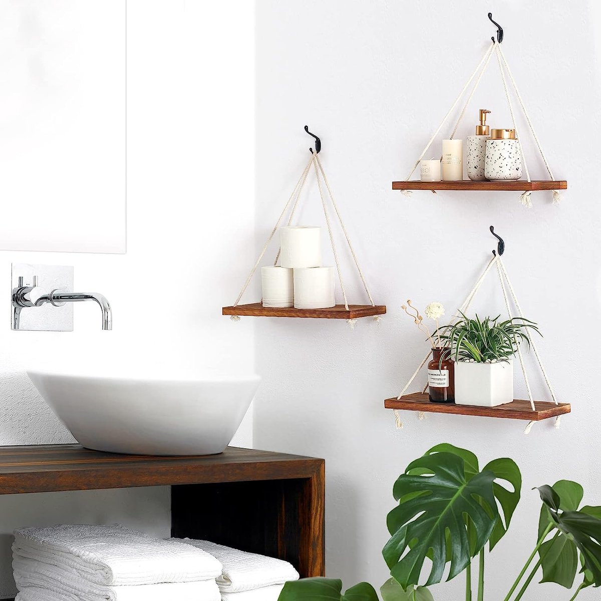 Macramé bruine hangplank, set van 3 zwevende planken, plantenplanken ...