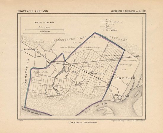 Historische kaart, plattegrond van gemeente Rilland en Maire in Zeeland ...