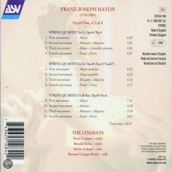 Haydn: String Quartets Op. 64 nos 4-6 / Lindsay String Quartet, The Lindsays | CD... | bol