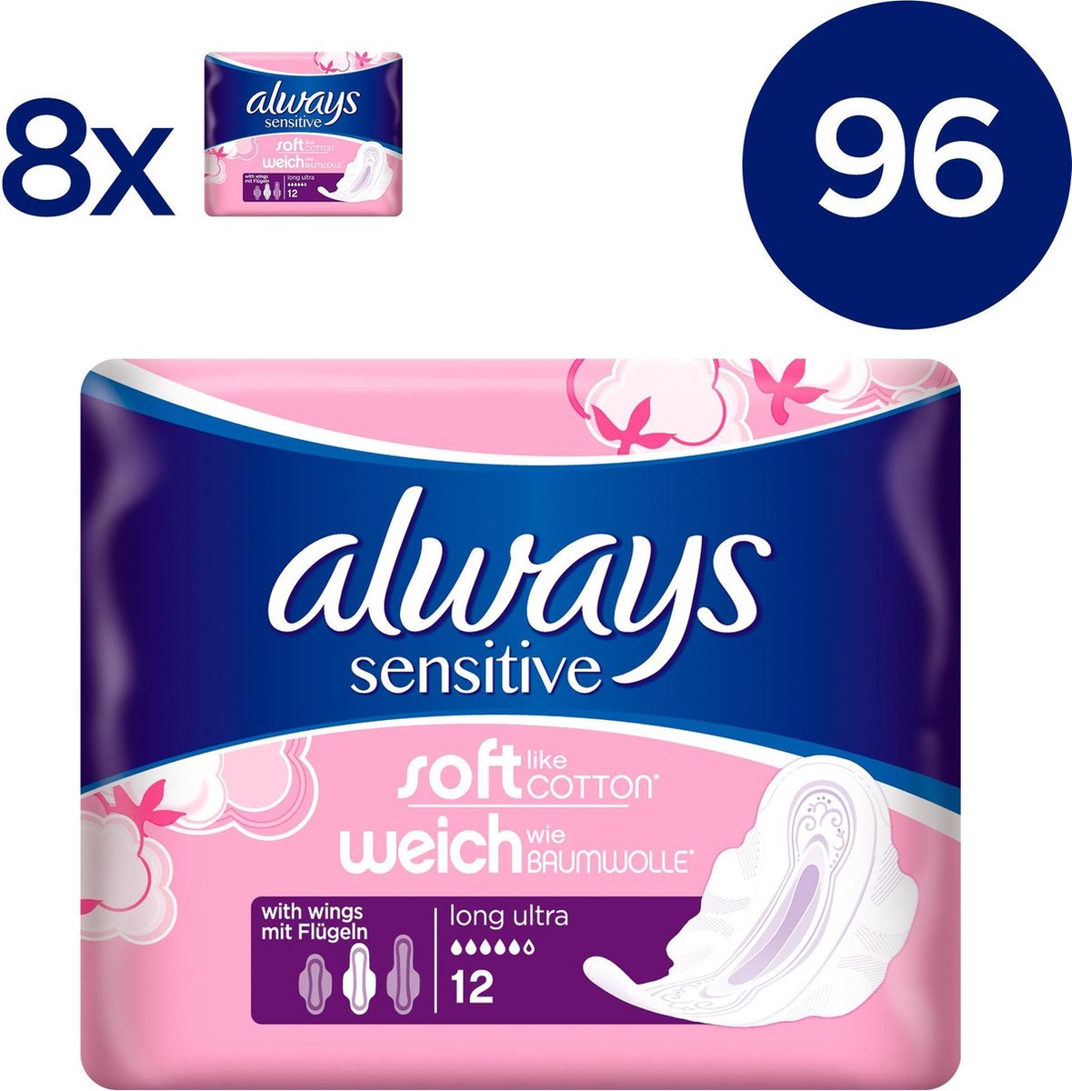 Always Sensitive Long Ultra met Vleugels - Voordeelverpakking 96 Stuks ...