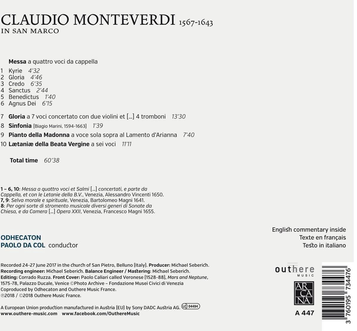 Odhecaton - Paolo Da Col - Monteverdi In San Marco (CD), Paolo Da Col ...