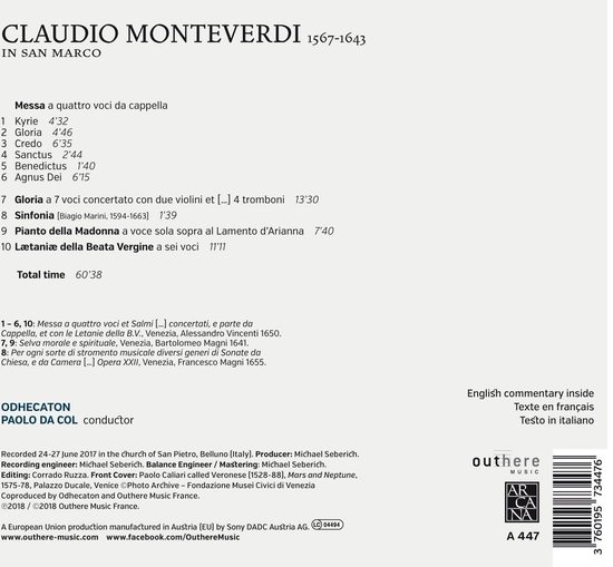 Odhecaton - Paolo Da Col - Monteverdi In San Marco (CD), Paolo Da Col ...