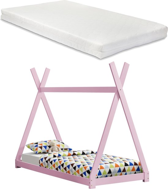 Juniorbed - Tipi met bedbodem en matras 90x200cm - roze | bol.com