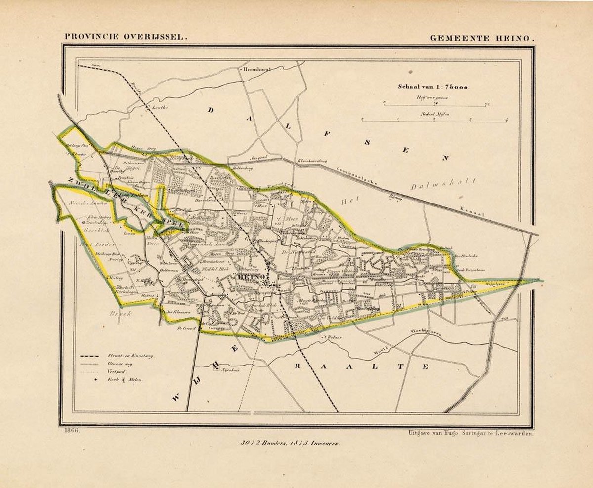 Historische kaart, plattegrond van gemeente Heino in Overijssel uit ...