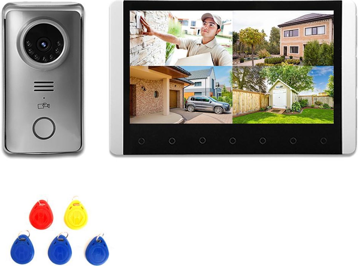 Deurbel met camera, draadloos + 7″ scherm + RFID chips, extra ...