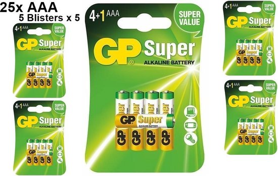 25 Stuks (5 Blisters a 5st) - GP Super Alkaline AAA LR03/1.5V Batterij | bol.com