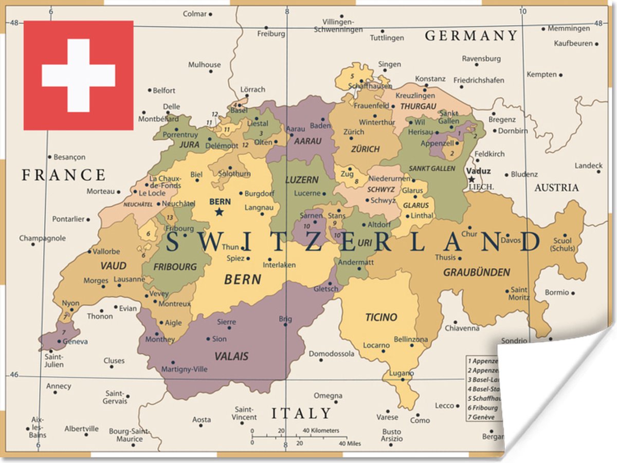 Poster Kaart van Zwitserland - 40x30 cm | bol