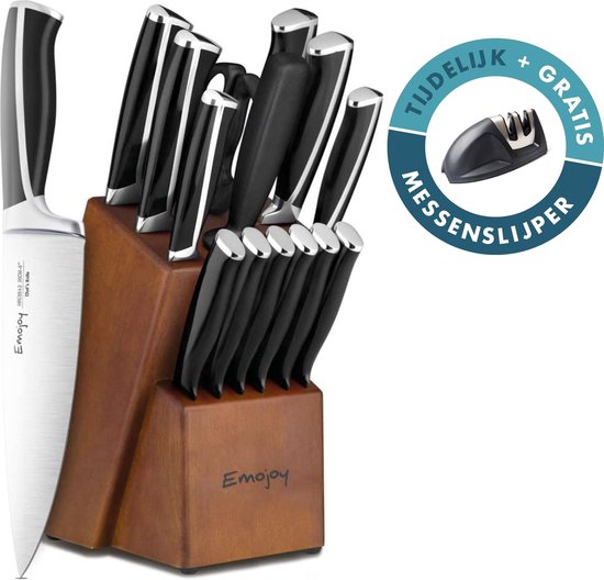Emojoy Messenset, 15-delige keukenmessenset met houten blok, zwarte ...