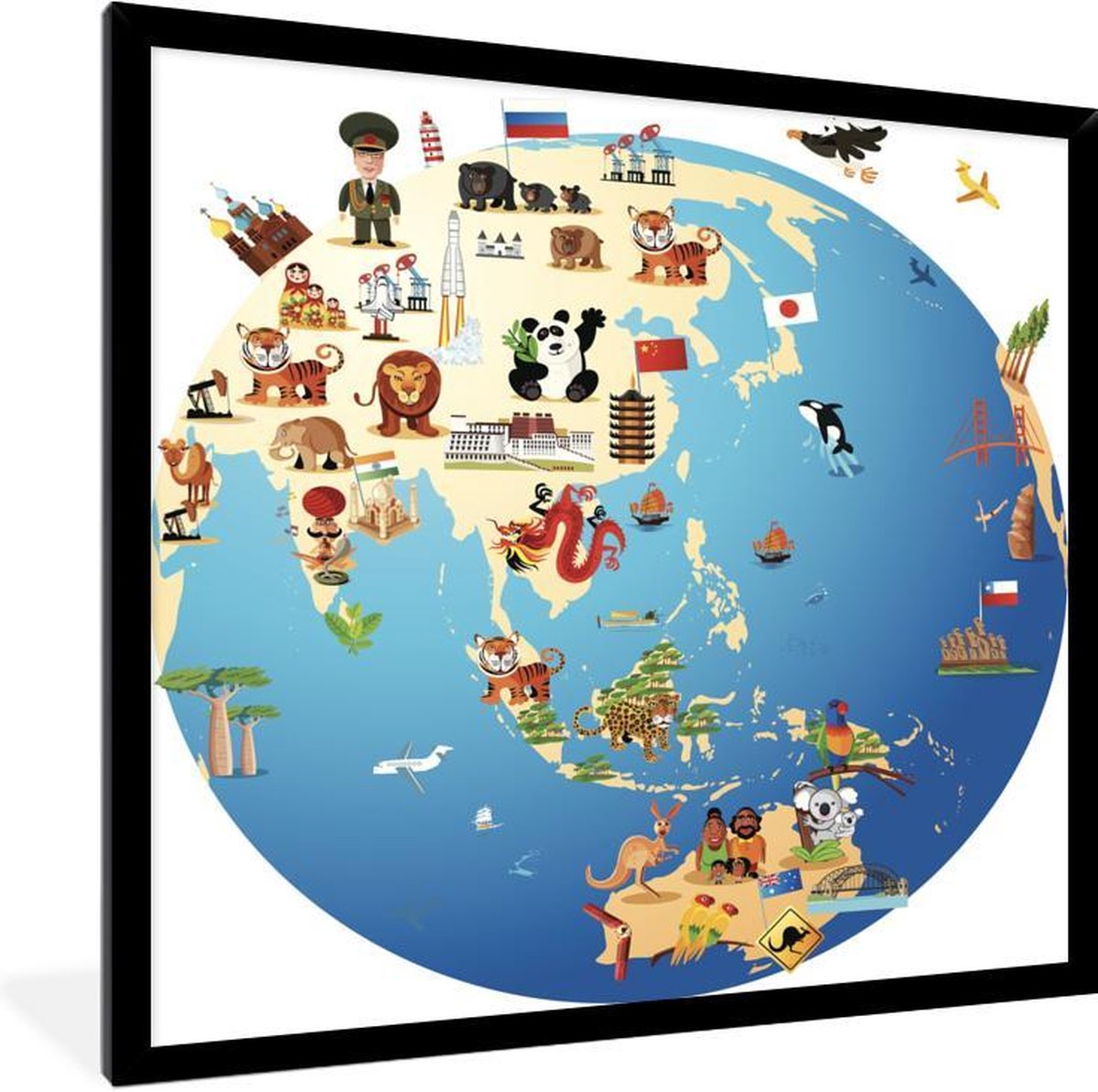 Fotolijst incl. Poster - Een cartoontekening van een ronde kaart van de ...