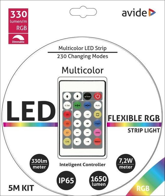 AVIDE LEDSTRIP SET RGB 7.2W 12V 30LED/MTR 5 METER +AFSTANDBEDIENING | bol