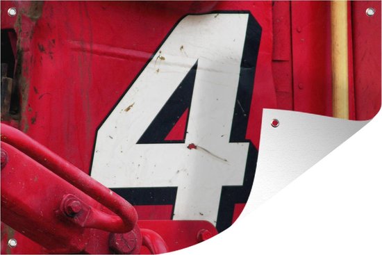 Tuinposter Cijfer 4 - Witte nummer 4 op rood paneel Tuinposter 60x40 cm ...