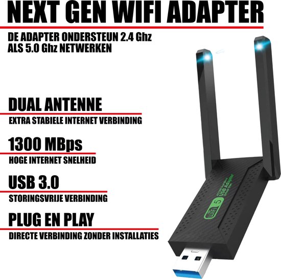 Wifi USB Adapter - Dual Band - Wifi Ontvanger - 1300MBps - Geschikt ...