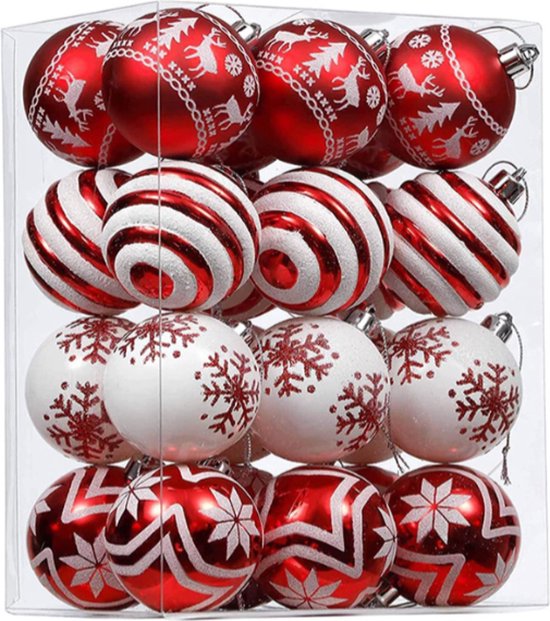 Set van 24 Onbreekbare Rode en Witte Kerstballen – 6 cm – Decoratieve ...