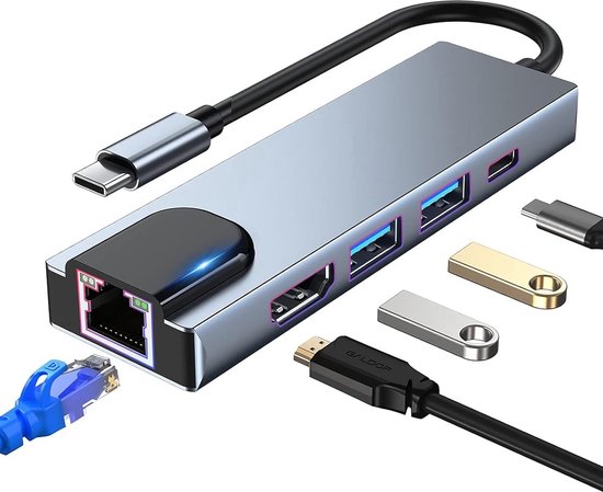 USB C Hub Multiport Adapter - 5-in-1 Docking Station met 4K HDMI, RJ45 Ethernet, USB... | bol