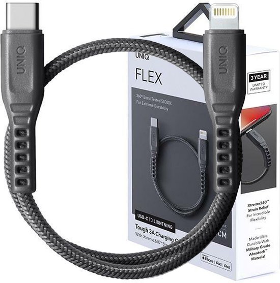 Uniq - koffer - USB-C-Lightning Flexkabel 18W nylon 30cm - grijs | bol