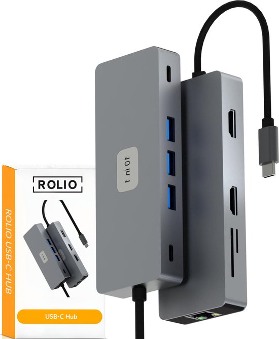 Rolio USB C Hub - Triple Monitor - 2x HDMI 4K - 1x DisplayPort - 1x Ethernet 1Gbps -... | bol
