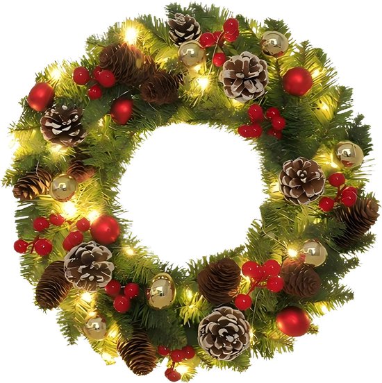 Premium Kerstkrans- met Decoraties & LED verlichting(40cm) - Groen - Met 30 Led... | bol