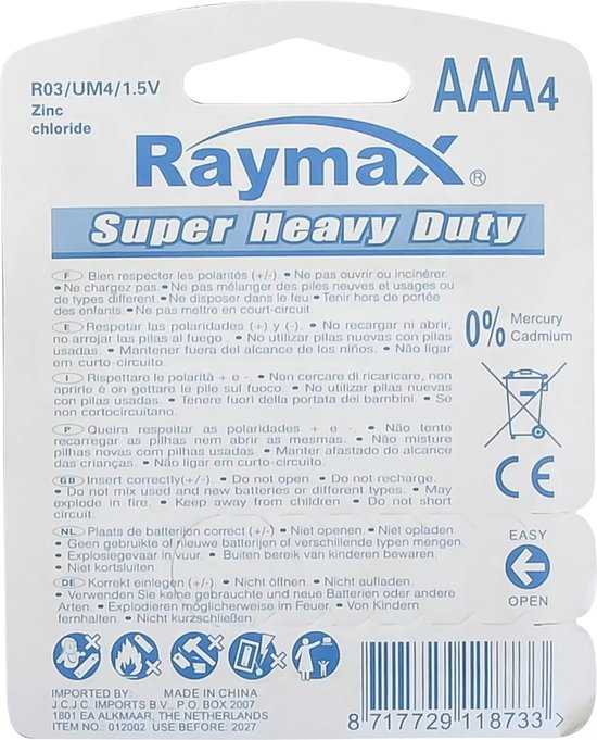 Raymax AAA Batterijen - LR03 - Zink - 4 Stuks | bol