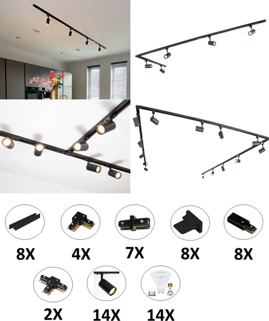1 Fase Rail Verlichting Zwart - Complete Railset XL - 696cm Rails - 14x ...