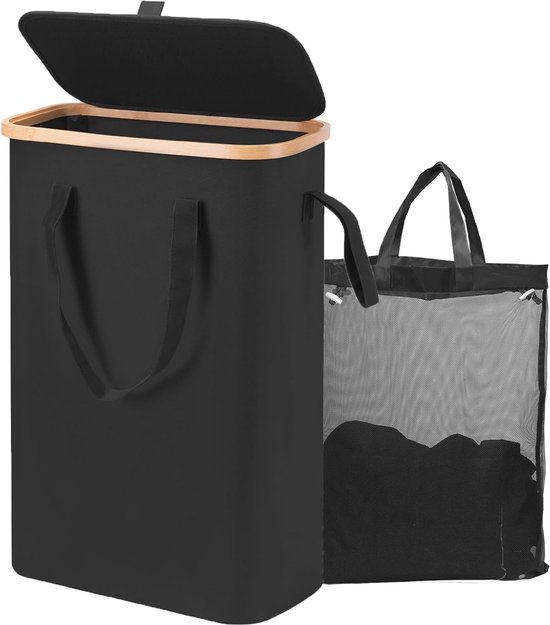 Smalle Wasmand met Deksel - 52L Opvouwbare Bamboe Wasmand voor Appartement en Caravan | bol