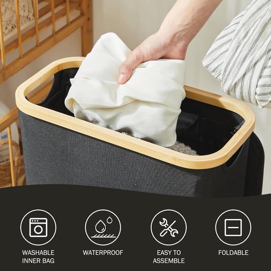 Wasmand met Deksel - 48 Liter - Opvouwbare Bamboe Wasmand - Hoge Wasmand in Zwart | bol