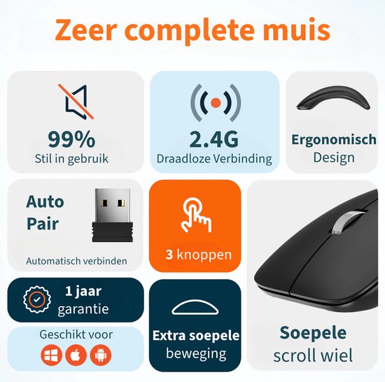 Ergonomische Draadloze Muis - Draadloos 2.4Ghz - Laptop Muis - Geschikt ...