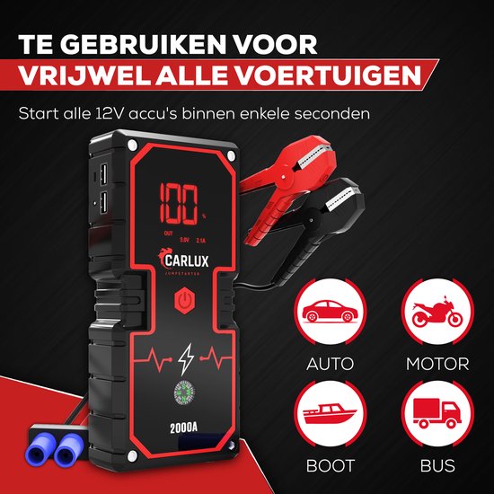 Carlux Krachtige 12V Jumpstarter - 2000A/20.000 mAh – Startkabels Met ...