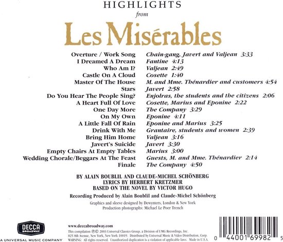 Les Miserables - Highlights (Broadway musical recording), Musical Cast ...