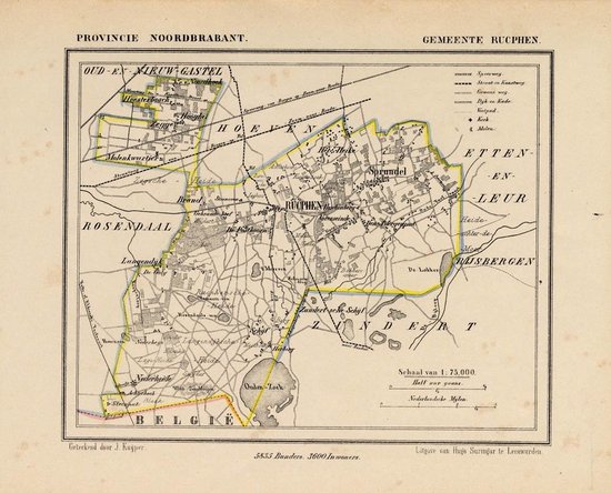 Historische kaart, plattegrond van gemeente Rucphen in Noord Brabant ...
