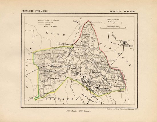 Historische kaart, plattegrond van gemeente Denekamp in Overijssel uit ...