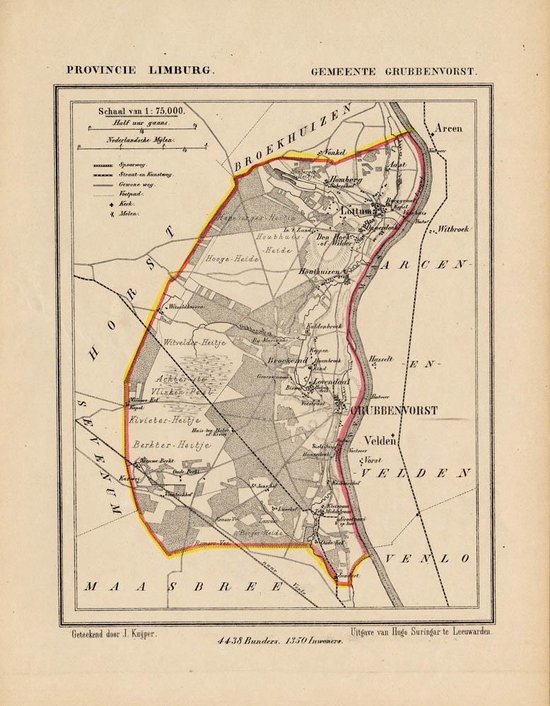 Historische kaart, plattegrond van gemeente Grubbenvorst in Limburg uit ...