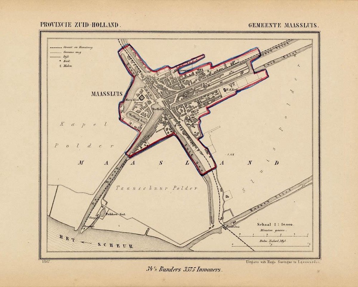 Historische kaart, plattegrond van gemeente Maassluis in Zuid Holland ...