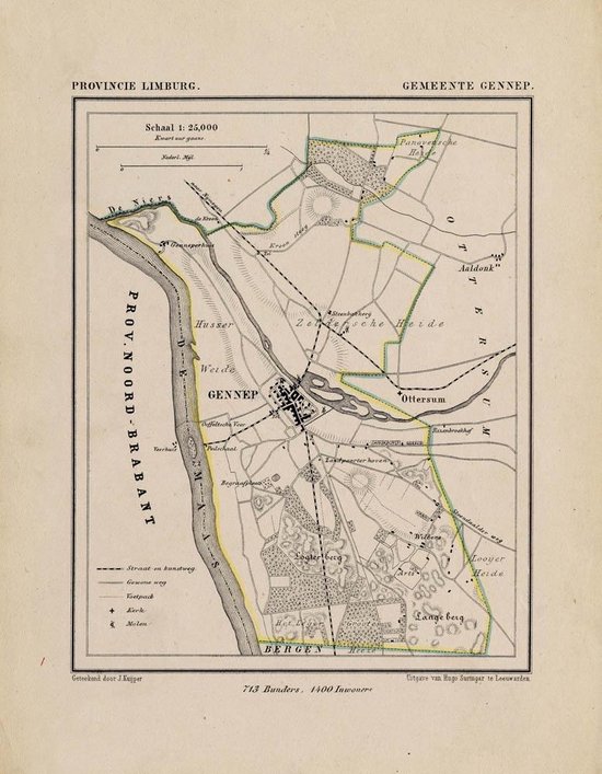 Historische kaart, plattegrond van gemeente Gennep in Limburg uit 1867 ...