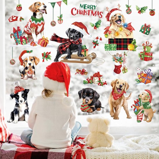Kerst Hond Puppy Raam Kleeft Muurstickers Dubbelzijdig Anti-botsing ...
