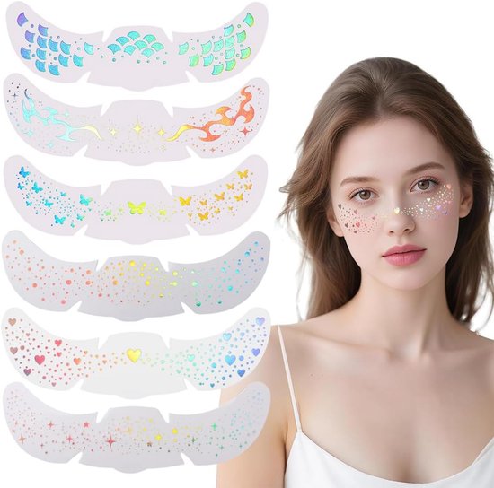 6x Glitter Tattoos Gezichtsplakkers - Kleurrijke Festival Make-up voor ...